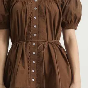 DAMSON MADDER Jayne Mini Dress With Ruched Details And Removable Tie - Choc