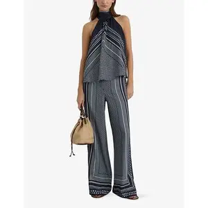 REISS Scarf-print Wide Leg Trousers - Navy