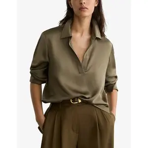 REISS Marina Open-collar Silk Blouse - Khaki Green