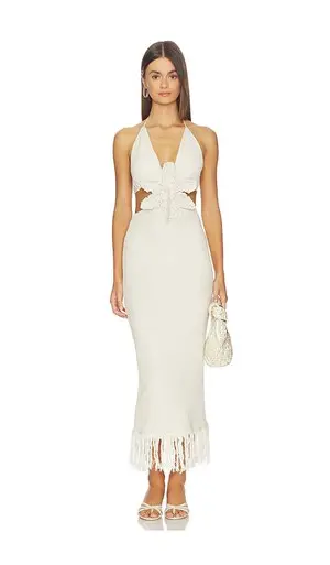 CAPITTANA Nuriel Dress Heavyweight Metallic Knit With Floral Accent And Fringed Hem - Ivory