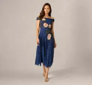 Adrianna Papell Off-the-shoulder Beaded Lace Midi Dress - Navy/blush