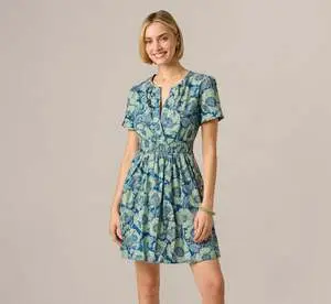 Adrianna Papell Short Sleeve Printed Cotton Sophia Dress - Navy/sage