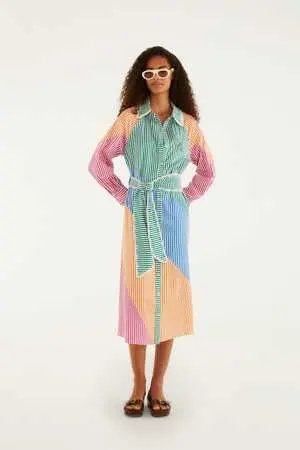 Farm Rio Multicolor Stripe Embroidered Belted Midi Dress - Multi
