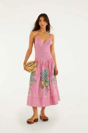 Farm Rio Pink Palm Tree Striped Midi Dress