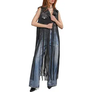 AZALEA WANG Arden Fringe Faux Leather Vest