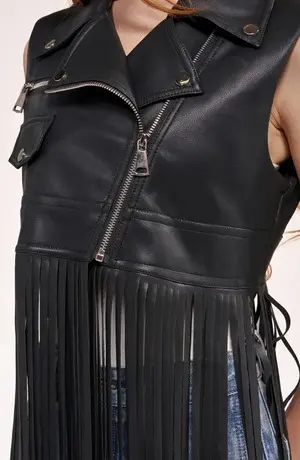 AZALEA WANG Arden Fringe Faux Leather Vest