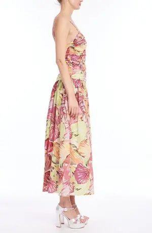 Badgley Mischka Floral Print Ruched Midi Dress