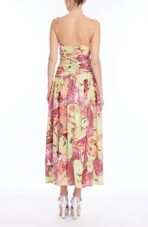Badgley Mischka Floral Print Ruched Midi Dress