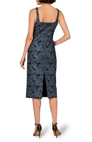 Aidan Mattox Metallic Floral Jacquard Square Neck Midi Dress
