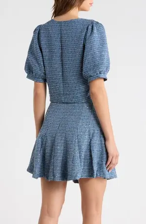 SUGARLIPS Crop Puff Sleeve Tweed Top - Blue