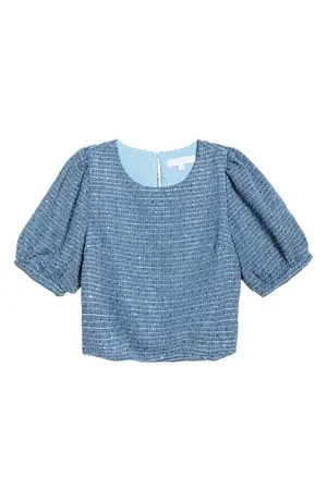 SUGARLIPS Crop Puff Sleeve Tweed Top - Blue