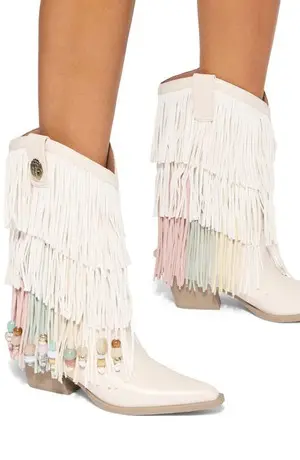 Kurt Geiger Embellished Fringe Western Boots - Open White