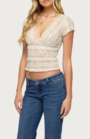 EDIKTED Avalee Plunge Neck Lace Crop Top