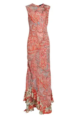 Etro Paisley Asymmetrical Ruffle Hem Dress
