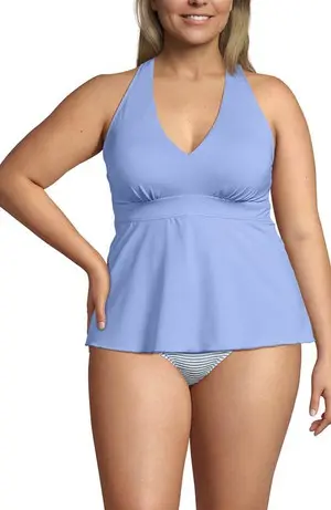 LANDS' END V-neck Racerback Flutter Tankini - Soft Cloud Blue