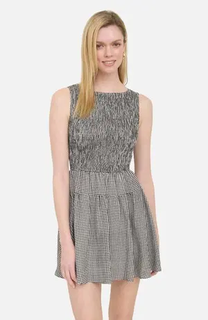 BLU PEPPER Smocked Gingham Sleeveless Mini Dress - Black