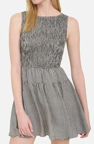 BLU PEPPER Smocked Gingham Sleeveless Mini Dress - Black
