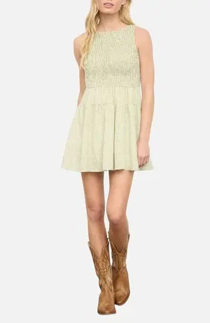 BLU PEPPER Smocked Gingham Sleeveless Mini Dress - Light Olive