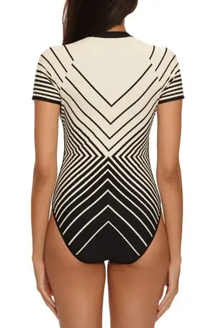Trina Turk Net Stripe Short Sleeve Rib One-piece Rashguard
