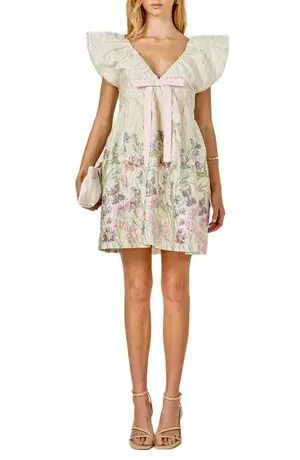Endless Rose Metallic Floral Jacquard Minidress With Bow Detail - Cream Multi