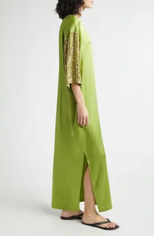 ZANKOV Jewel Neck Paillette Embellished Silk Satin Maxi Dress