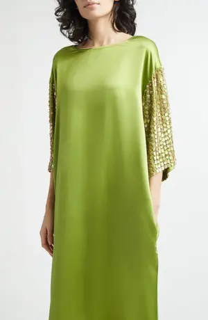 ZANKOV Jewel Neck Paillette Embellished Silk Satin Maxi Dress