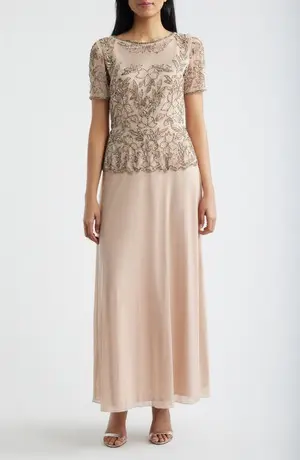 Pisarro Nights Short Sleeve Beaded Floral Chiffon Gown