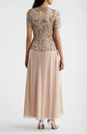 Pisarro Nights Short Sleeve Beaded Floral Chiffon Gown