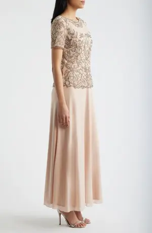 Pisarro Nights Short Sleeve Beaded Floral Chiffon Gown