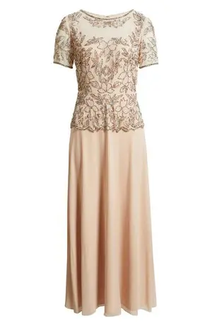 Pisarro Nights Short Sleeve Beaded Floral Chiffon Gown