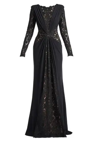 Tadashi Shoji Long Sleeve Lace And Crepe Gown