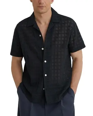 REISS Short Sleeve Crochet Tile Cuban Collar Shirt