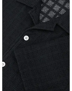 REISS Short Sleeve Crochet Tile Cuban Collar Shirt