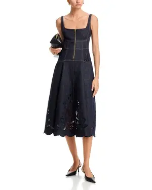 SELF-PORTRAIT Denim Bow Embroidered Midi Dress