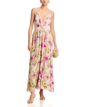 Aqua Floral Lace Trim Maxi Dress