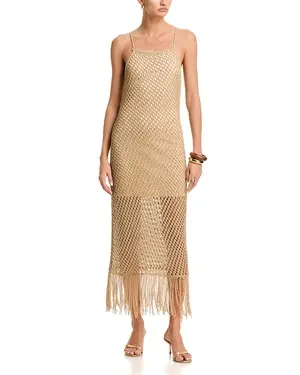 Aqua Shine Crochet Maxi Dress With Fringe Detail - Gold