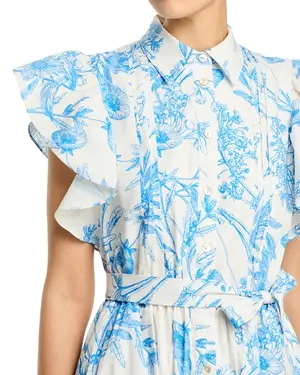 T Tahari Flutter Sleeve Floral Print Midi Dress
