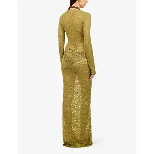 HYPHEN Deep-plunge Stretch-lace Maxi Dress