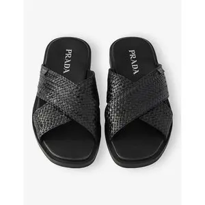 Prada Criss-cross Woven Leather Sliders
