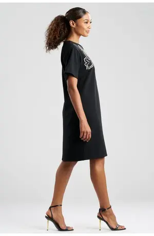 Natori Short Sleeve Embellished Knit Crepe Shift Dress