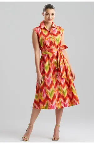 Natori Sorel Ikat Cotton Poplin Sleeveless Shirt Dress - Multi