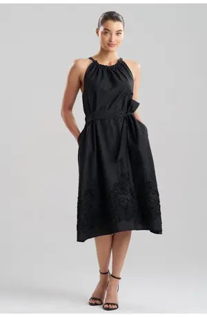 Natori Carnation Embroidery Cotton Voile Halter Neck Dress - Black