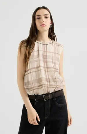 Brunello Cucinelli Silk Organza Macrocheck T-shirt With Shiny Neck Detail