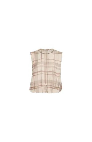 Brunello Cucinelli Silk Organza Macrocheck T-shirt With Shiny Neck Detail