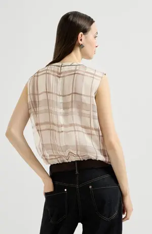 Brunello Cucinelli Silk Organza Macrocheck T-shirt With Shiny Neck Detail