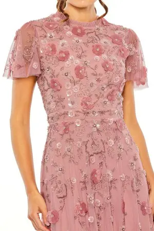Mac Duggal Petite Embellished High Neck Flutter Sleeve A-line Dress
