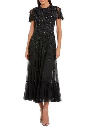 Mac Duggal Petite Embellished High Neck Flutter Sleeve A-line Midi Dress - Black