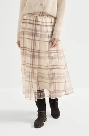 Brunello Cucinelli Macrocheck Print Silk Organza Pleated Skirt - Beige