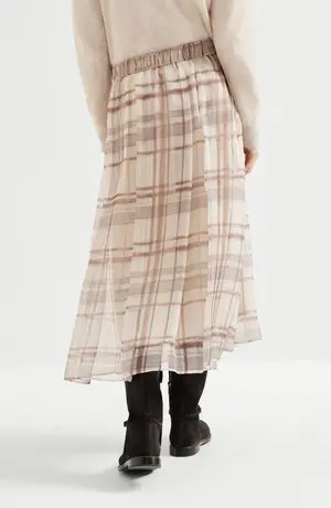 Brunello Cucinelli Macrocheck Print Silk Organza Pleated Skirt - Beige