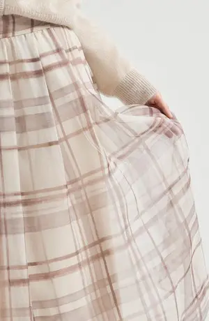 Brunello Cucinelli Macrocheck Print Silk Organza Pleated Skirt - Beige